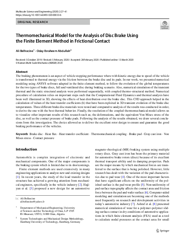 (PDF) A thermomechanical model for the analysis of disc brake using the finite element method in ...