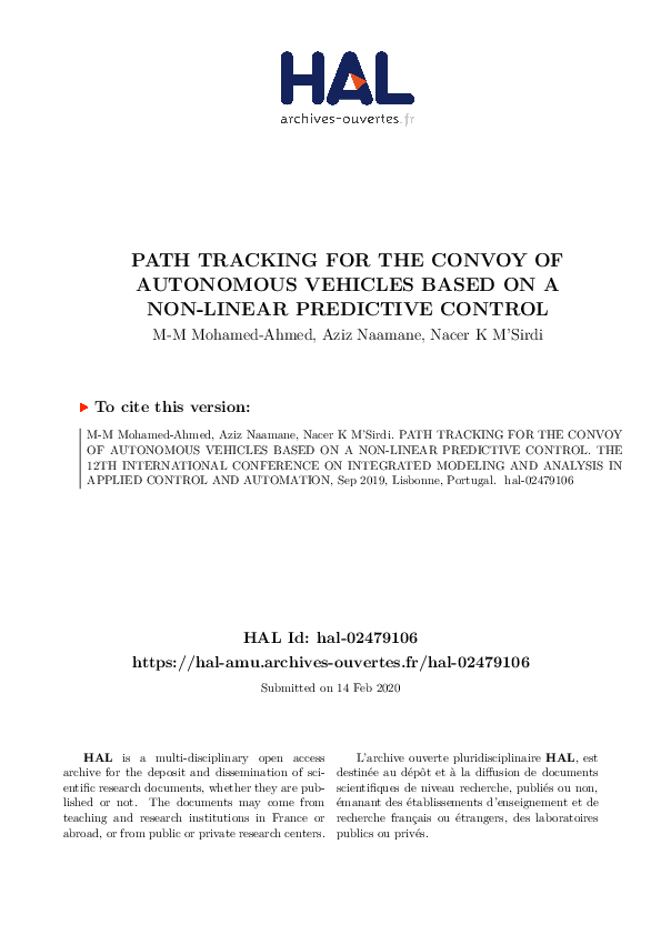(PDF) Path Tracking for the Convoy of Autonomous Vehicles Based on a Non-Linear Predictive Control