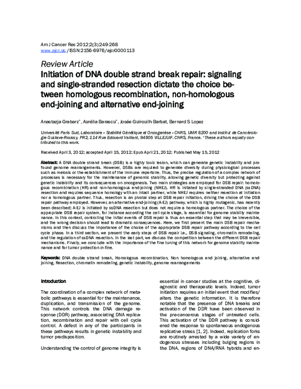 (PDF) Initiation of DNA double strand break repair: signaling and ...