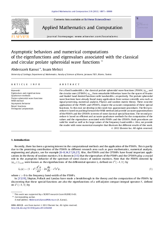 Pdf Asymptotic Behaviors And Numerical Computations Of The Eigenfunctions And Eigenvalues