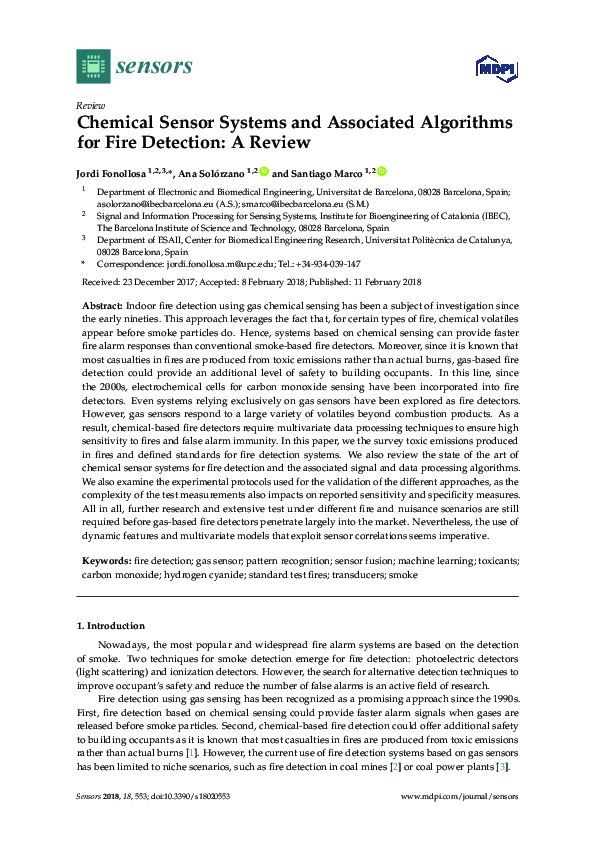 (PDF) Chemical Sensor Systems and Associated Algorithms for Fire Detection: A Review