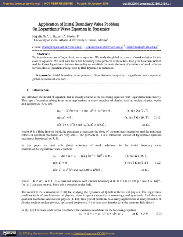 Pdf Application Of Initial Boundary Value Problem On Logarithmic Wave Equation In Dynamics