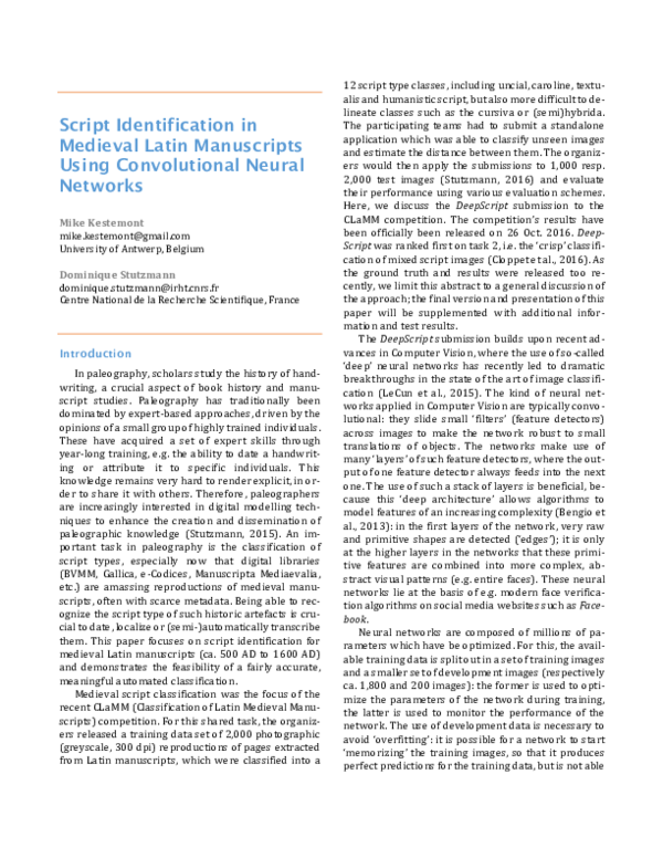 (PDF) Script Identification in Medieval Latin Manuscripts Using Convolutional Neural Networks