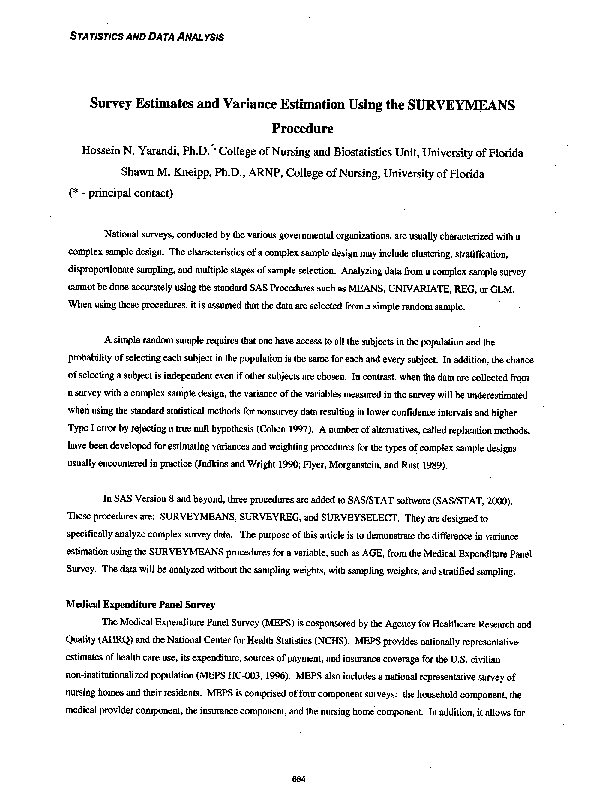 Pdf Survey Estimates And Variance Estimation Using The Surveymeans Procedure