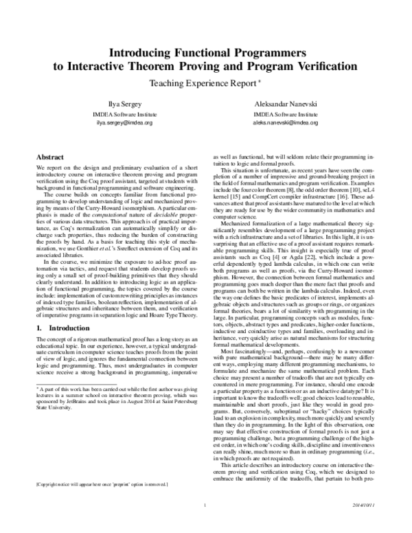 (PDF) Introducing Functional Programmers to Interactive Theorem Proving and Program Verification ...