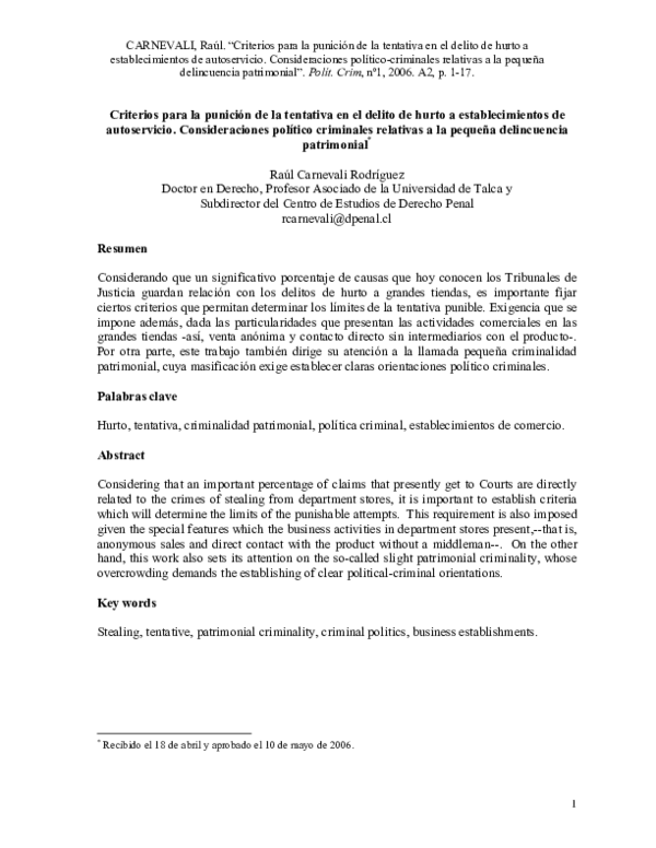 (PDF) Criterios para la punición de la tentativa en el delito de hurto ...