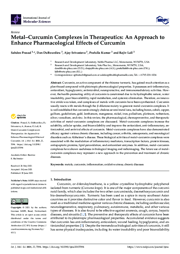 (PDF) Metal–Curcumin Complexes in Therapeutics: An Approach to Enhance ...