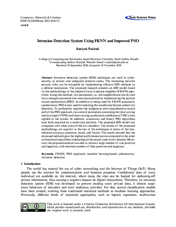 (PDF) Intrusion Detection System Using FKNN and Improved PSO