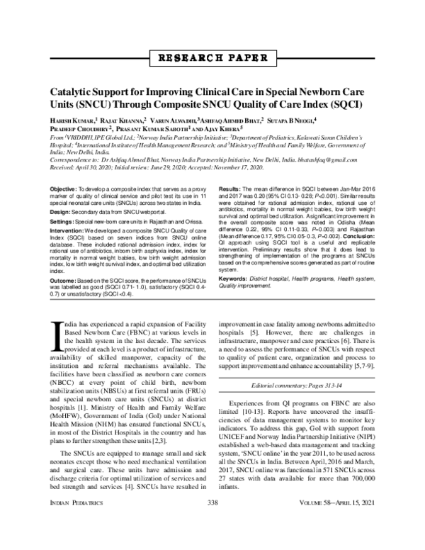 (PDF) Catalytic Support for Improving Clinical Care in Special Newborn ...