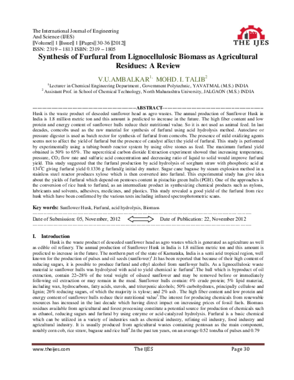 (PDF) Synthesis of Furfural from Lignocellulosic Biomass as Agricultural Residues : A Review