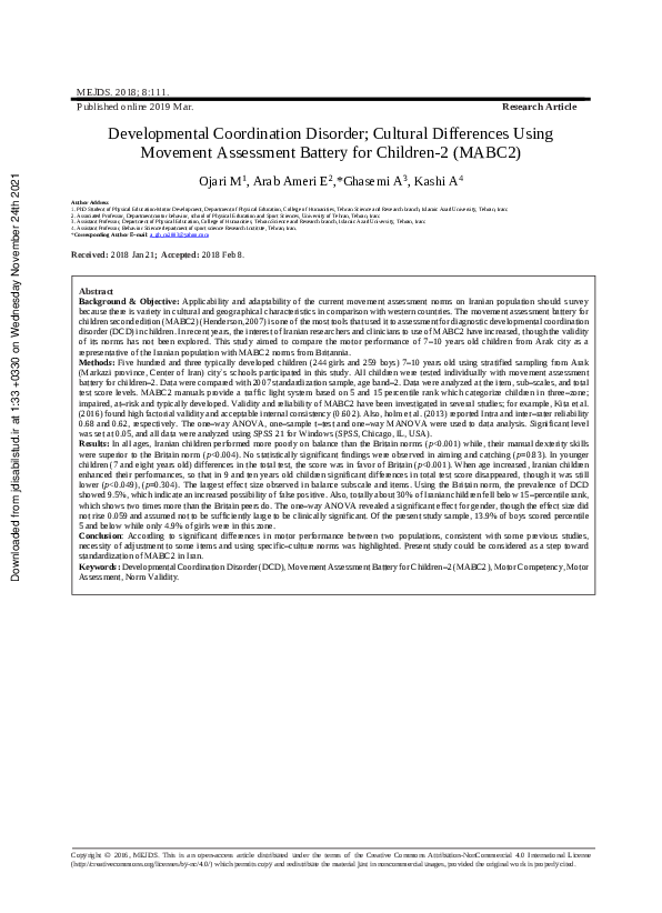 (PDF) Developmental Coordination Disorder; Cultural Differences Using ...