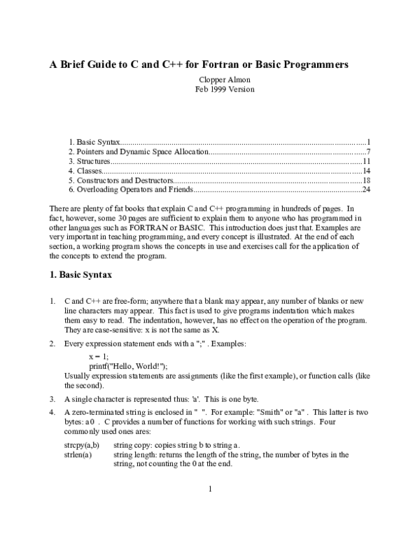 Pdf A Brief Guide To C And C For Fortran Or Basic Programmers