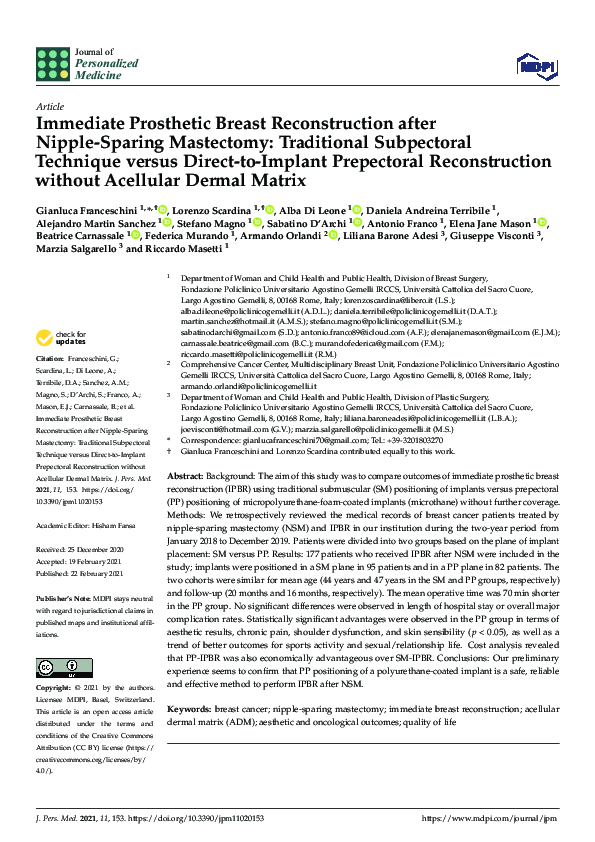 Pdf Immediate Prosthetic Breast Reconstruction After Nipple Sparing Mastectomy Traditional