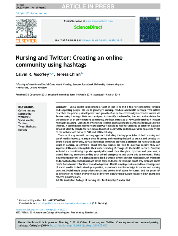 (PDF) Nursing and Twitter: Creating an online community using hashtags