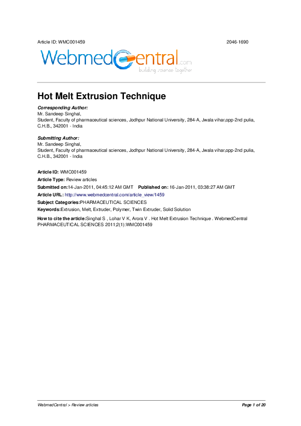 (PDF) Hot Melt Extrusion Technique