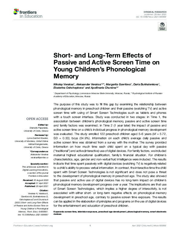 (PDF) Short- and Long-Term Effects of Passive and Active Screen Time on ...