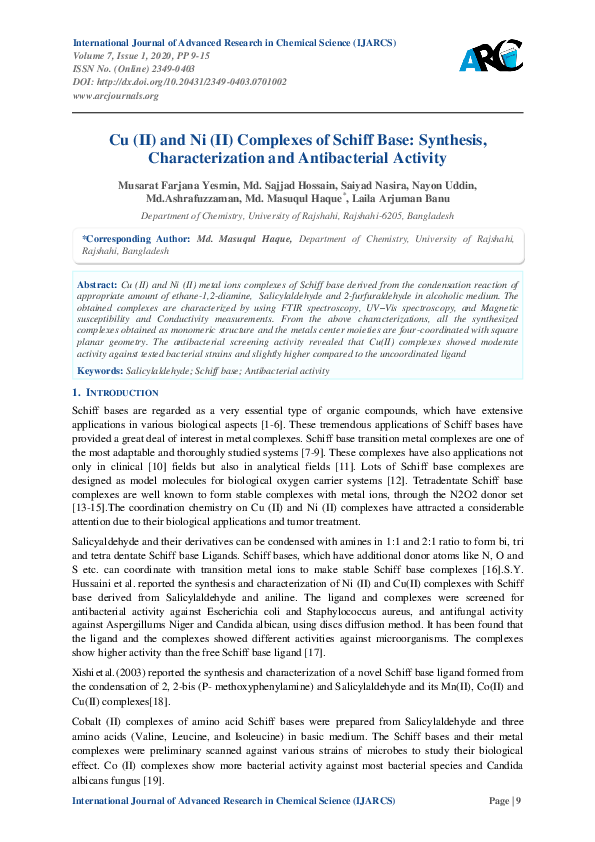 (PDF) Cu (II) and Ni (II) Complexes of Schiff Base: Synthesis, Characterization and ...