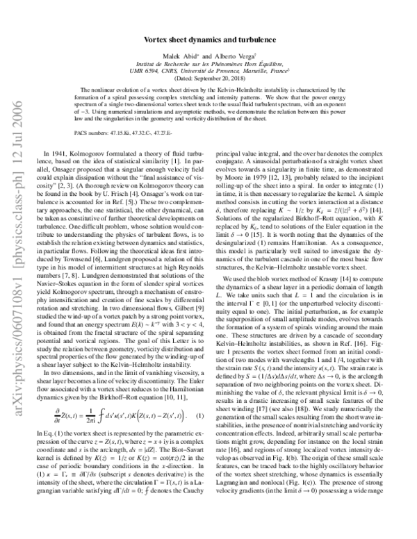 (PDF) Vortex sheet dynamics and turbulence