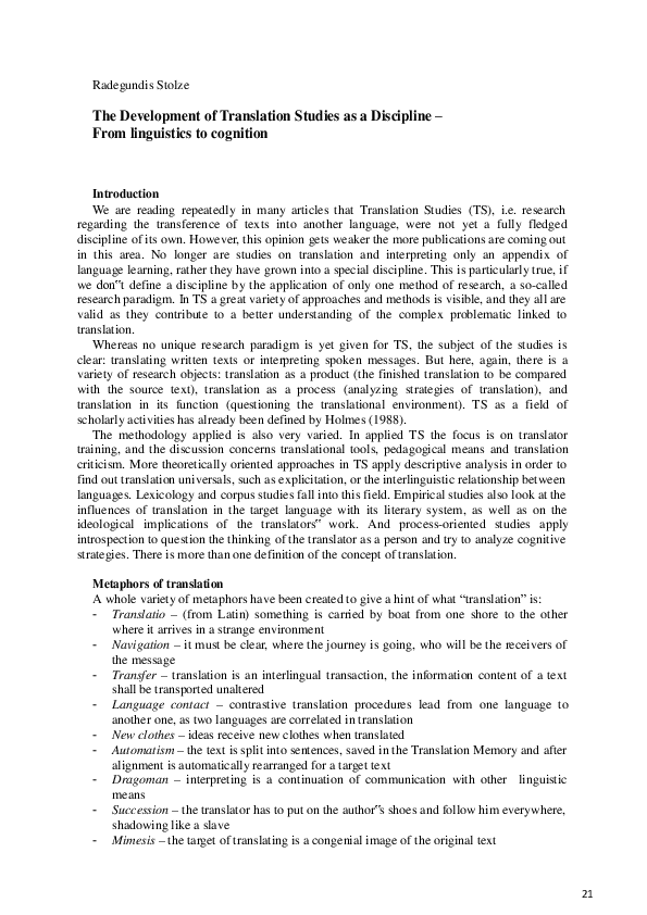 (PDF) The Development of Translation Studies as a Discipline – from ...