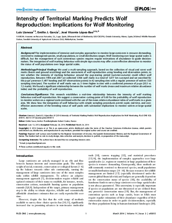 (PDF) Intensity of Territorial Marking Predicts Wolf Reproduction ...
