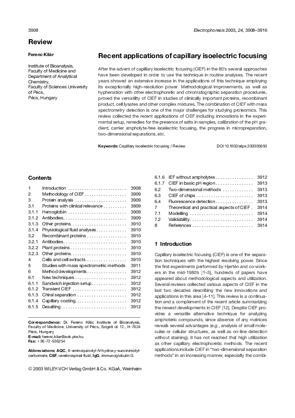 (PDF) Recent applications of capillary isoelectric focusing