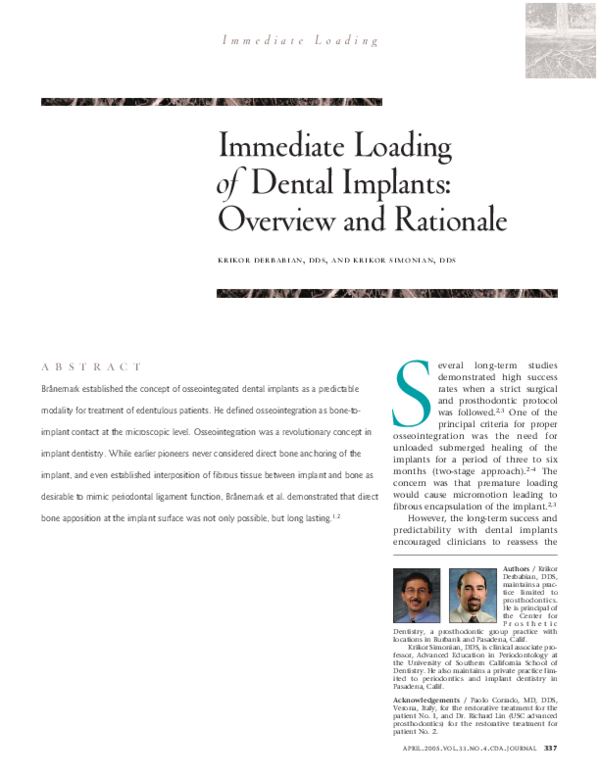 (PDF) Immediate loading dental implants: overview and rationale