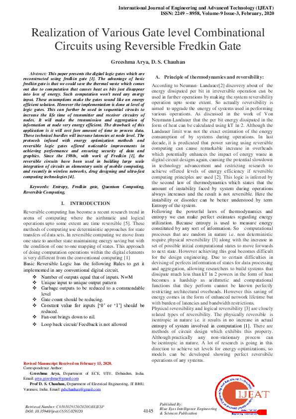 Pdf Realization Of Various Gate Level Combinational Circuits Using Reversible Fredkin Gate