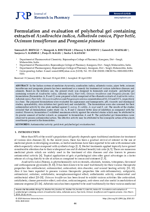 (PDF) Formulation and evaluation of polyherbal gel containing extracts ...