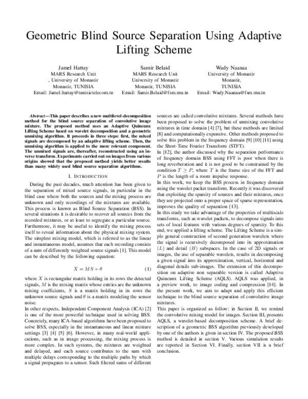 (PDF) Geometric blind source separation using adaptive lifting scheme