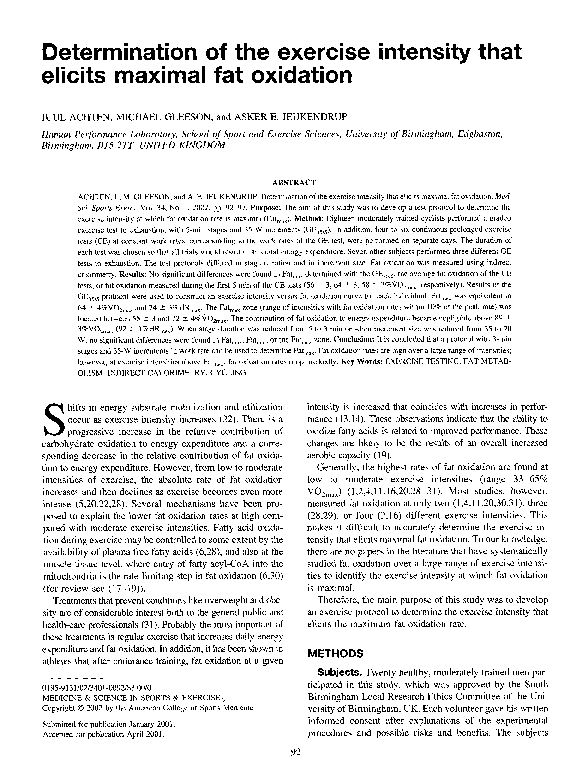 (PDF) Determination of the exercise intensity that elicits maximal fat oxidation