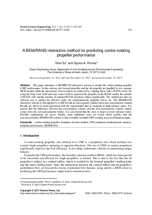 (PDF) A BEM/RANS interactive method for predicting contra-rotating propeller performance