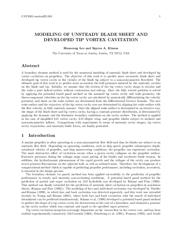 (PDF) Modeling of Unsteady Blade Sheet and Developed Tip Vortex Cavitation