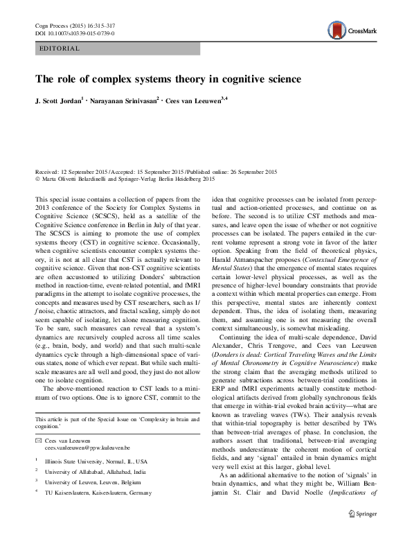 (PDF) The role of complex systems theory in cognitive science