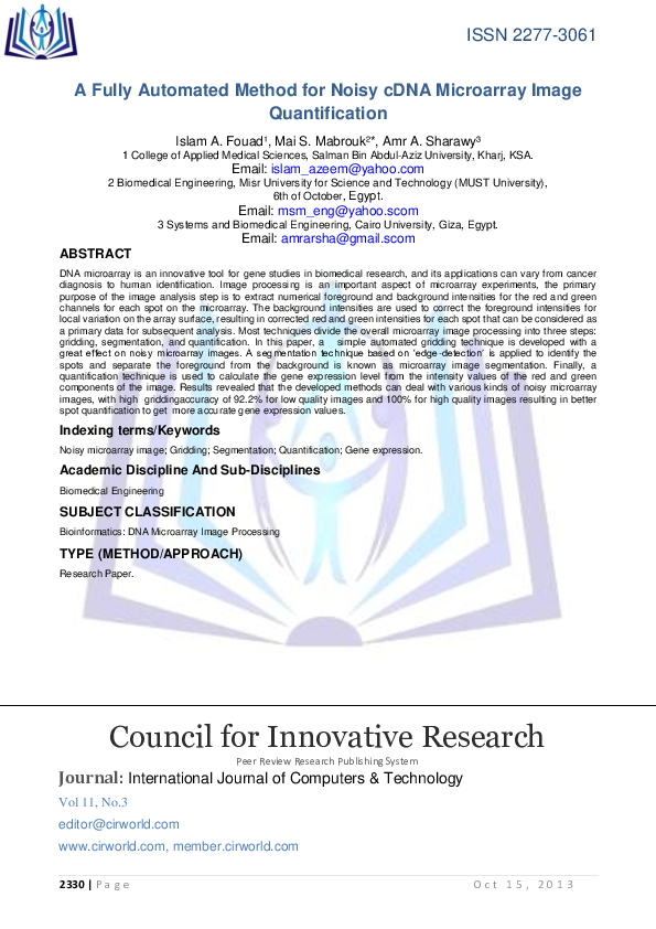 (PDF) A Fully Automated Method for Noisy cDNA Microarray Image Quantification