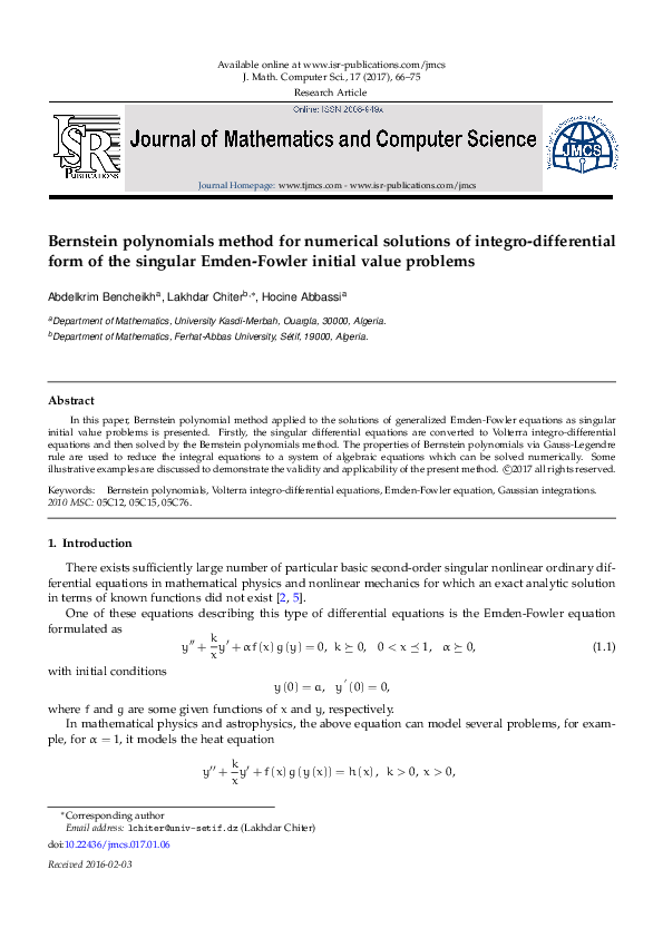 (PDF) Bernstein polynomials method for numerical solutions of integro-differential form of the ...