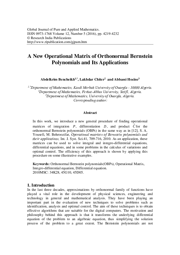 Pdf A New Operational Matrix Of Orthonormal Bernstein Polynomials And Its Applications