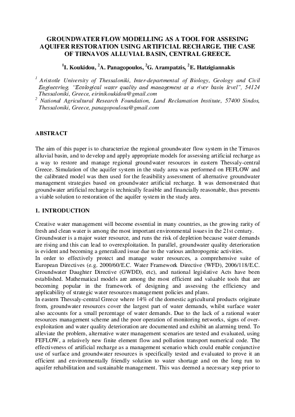 Pdf Groundwater Flow Modelling As A Tool For Assesing Aquifer Restoration Using Artificial