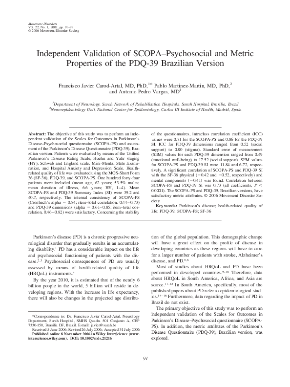 (PDF) Independent Validation of SCOPA-Psychosocial and Metric ...
