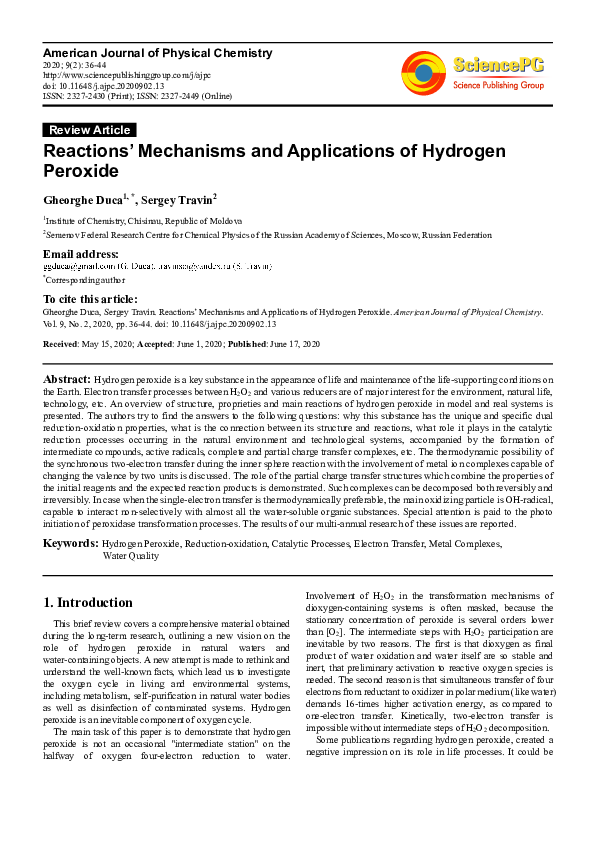 (PDF) Reactions’ Mechanisms and Applications of Hydrogen Peroxide