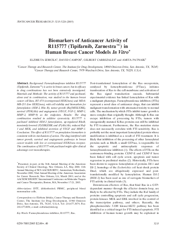 (PDF) Biomarkers of anticancer activity of R115777 (Tipifarnib ...