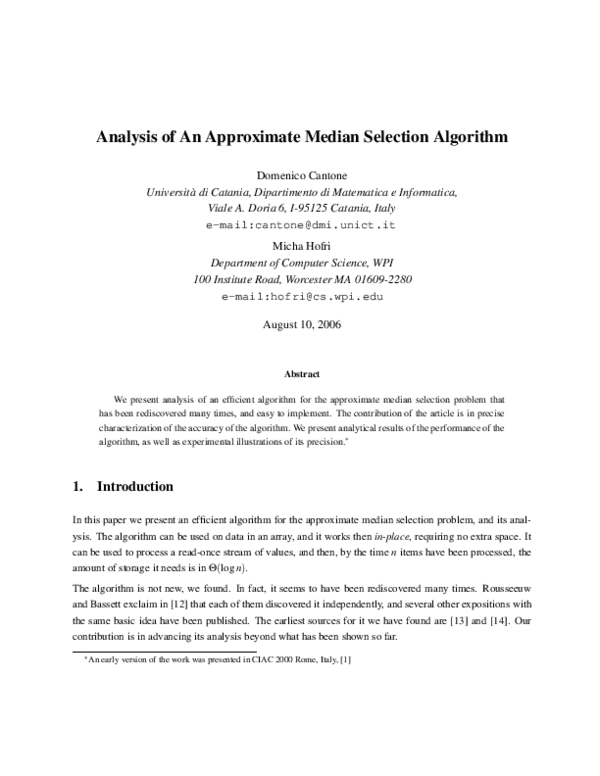 Pdf Analysis Of An Approximate Median Selection Algorithm Domenico