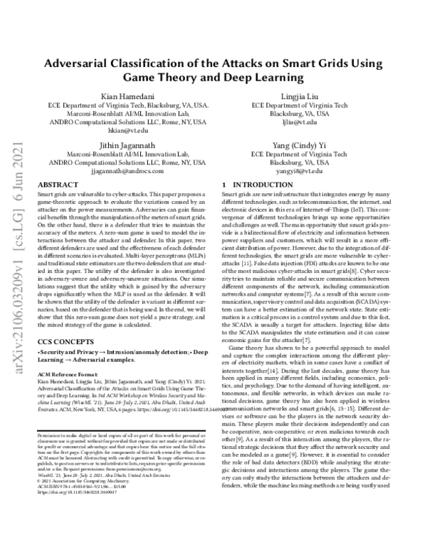 Pdf Adversarial Classification Of The Attacks On Smart Grids Using Game Theory And Deep Learning