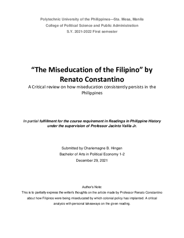 (PDF) “The Miseducation of the Filipino” by Renato Constantino A Critical review on how ...