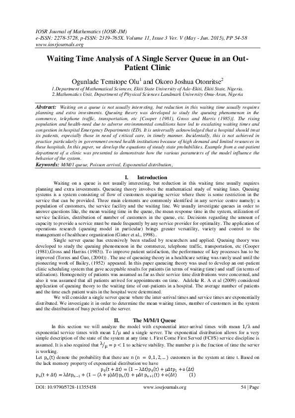 Pdf Waiting Time Analysis Of A Single Server Queue In An Out Patient