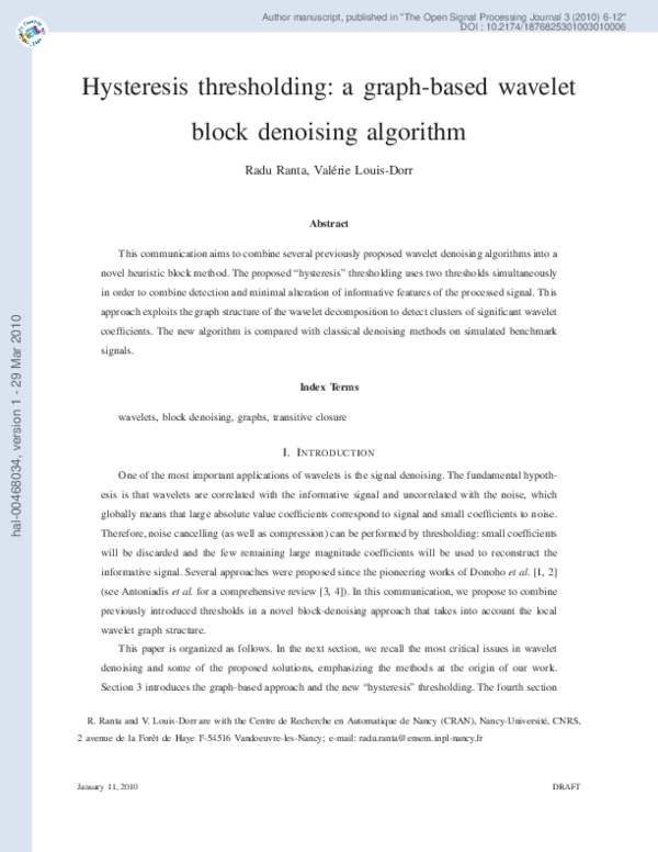 Pdf Hysteresis Thresholding A Graph Based Wavelet Block Denoising