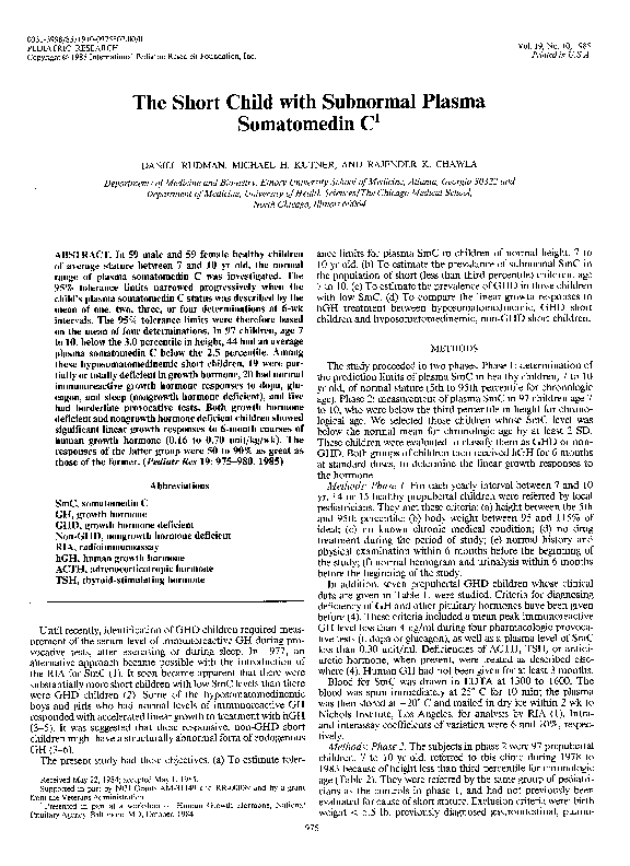 (PDF) The short child with subnormal plasma somatomedin C