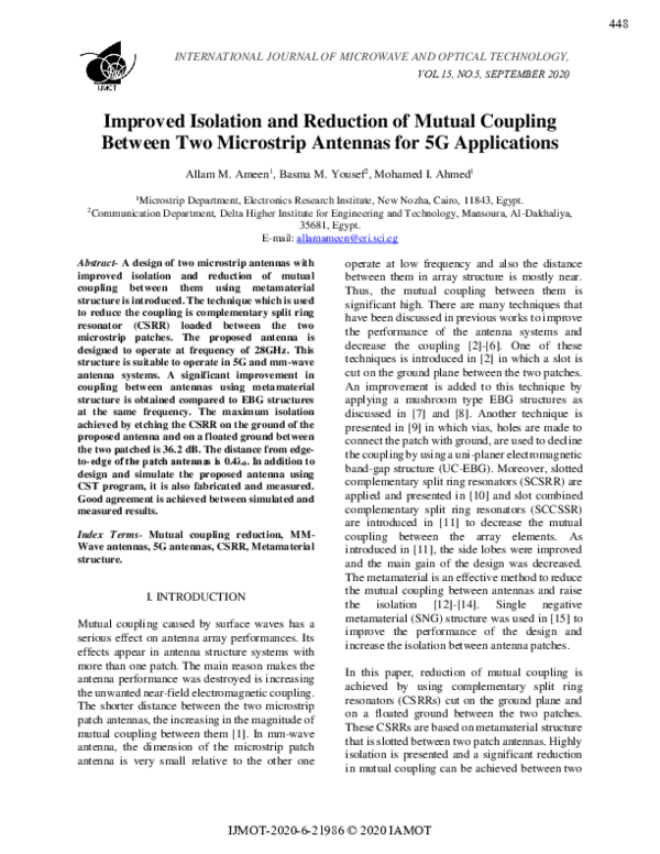Pdf Improved Isolation And Reduction Of Mutual Coupling Between Two Microstrip Antennas For 5g