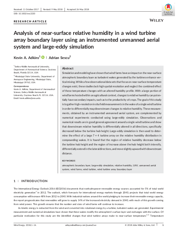 (PDF) Analysis of near-surface relative humidity in a wind turbine array boundary layer using an ...