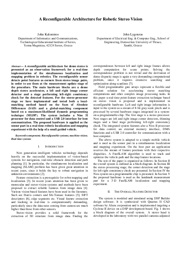(PDF) A Reconfigurable Architecture for Robotic Stereo Vi sion