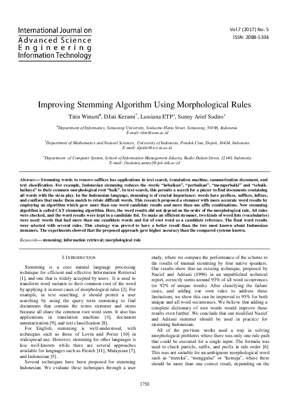 (PDF) Improving Stemming Algorithm Using Morphological Rules